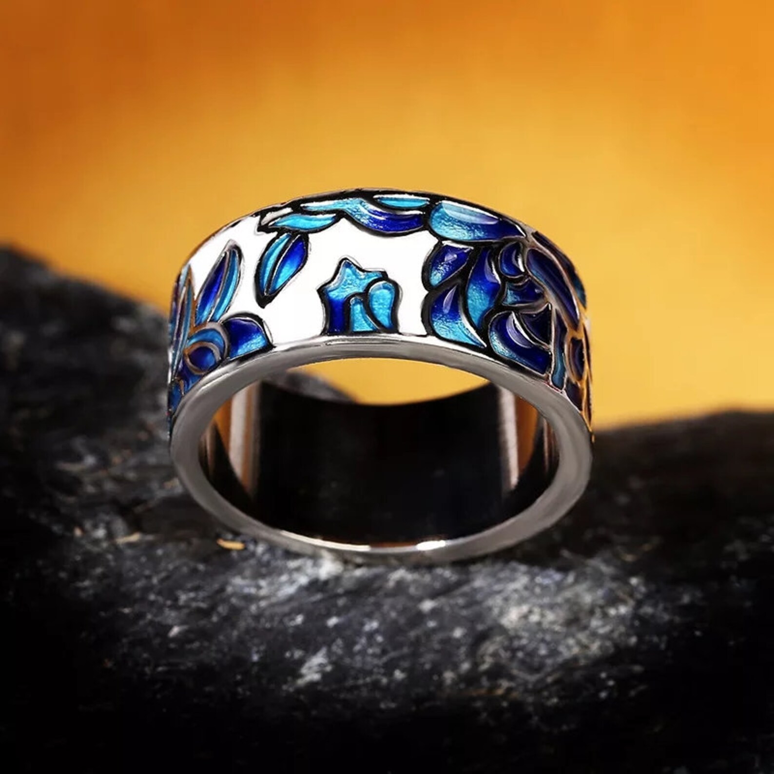 Blue Enamel Ring Flower Ring Colourful Enamel Ring Hand - Etsy