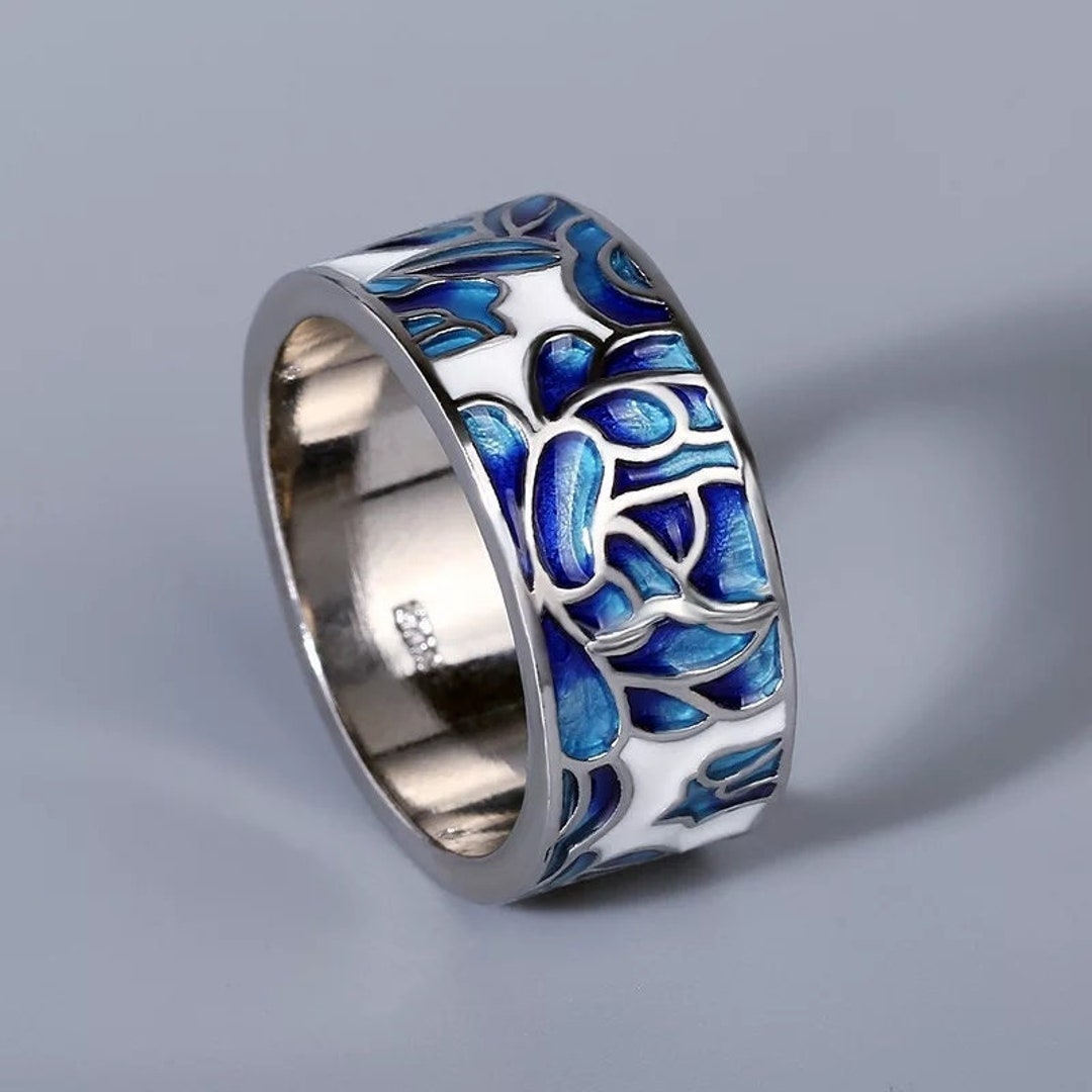 Blue Enamel Ring Flower Ring Colourful Enamel Ring Hand - Etsy