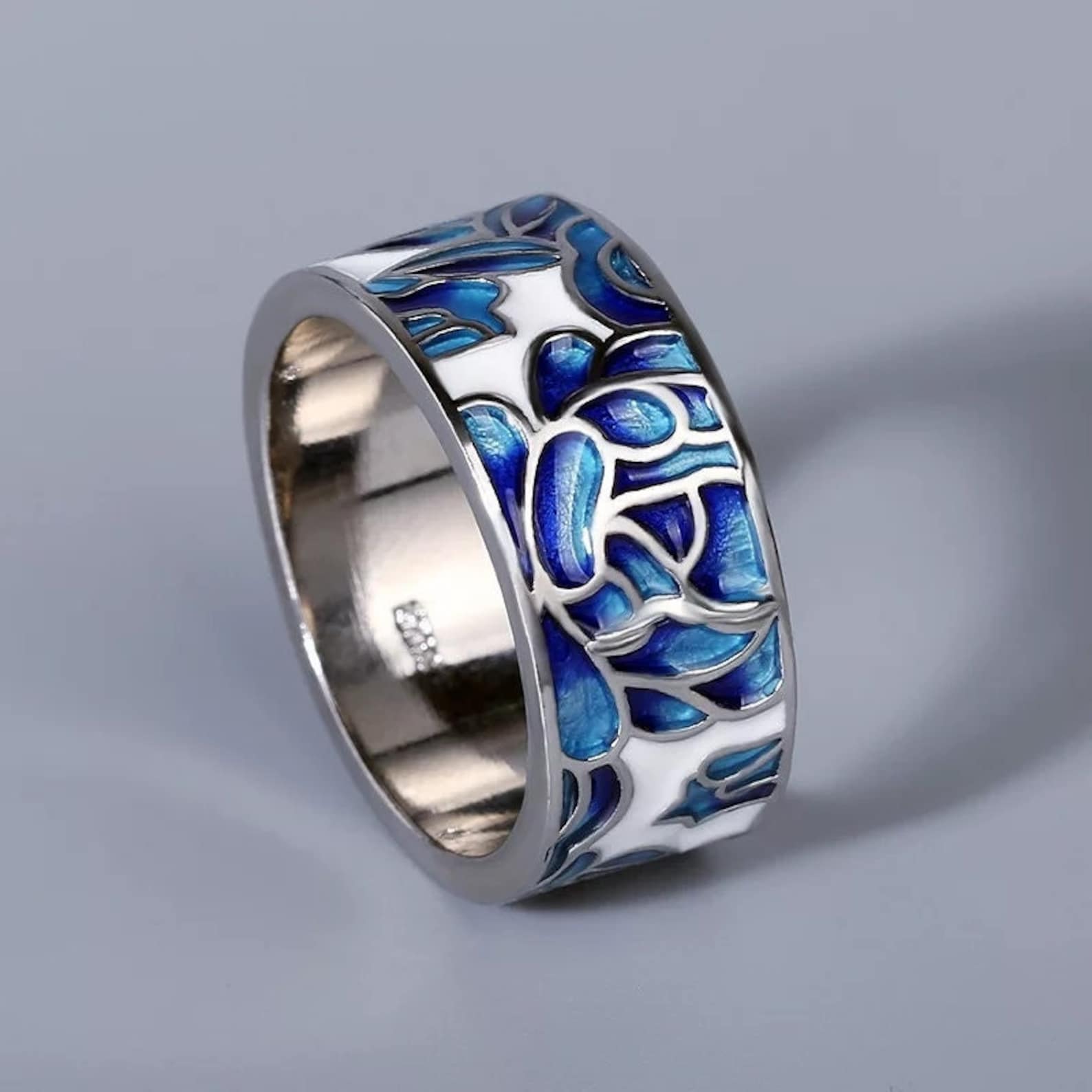 Blue Enamel Ring Flower Ring Colourful Enamel Ring Hand - Etsy