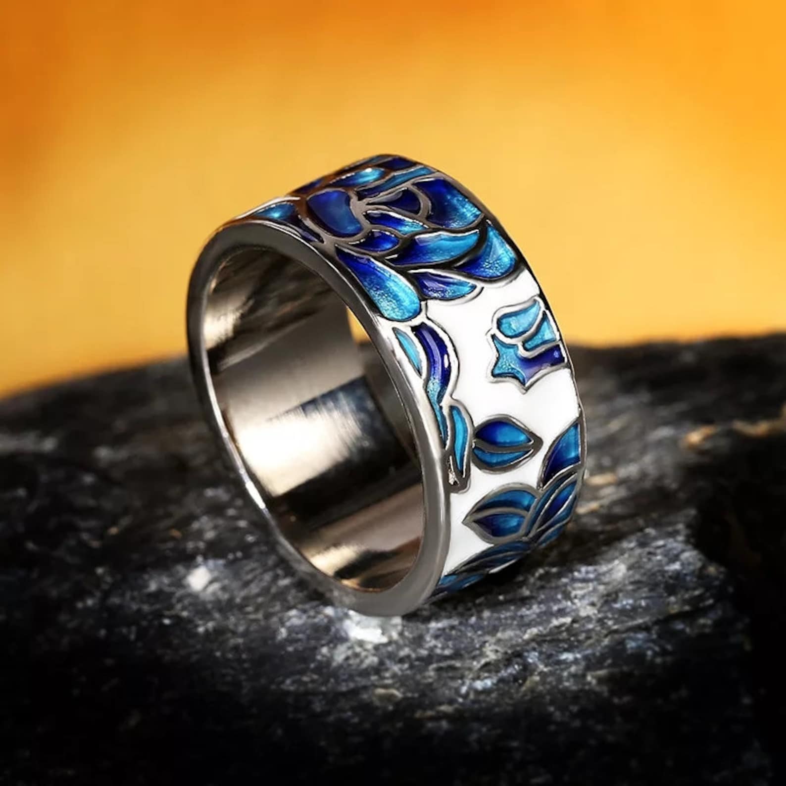 Blue Enamel Ring Flower Ring Colourful Enamel Ring Hand - Etsy