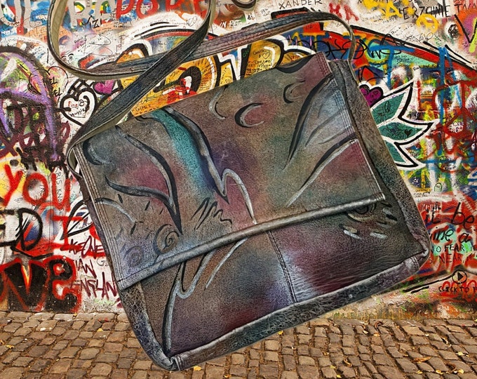 80s Leather Graffiti Purse by Animal Hand Painted Larger Size Shoulder ...