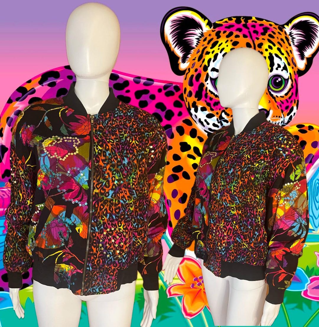 90s Rainbow Leopard Print With Sequin Sparkles Bomber Jacket by Short ...