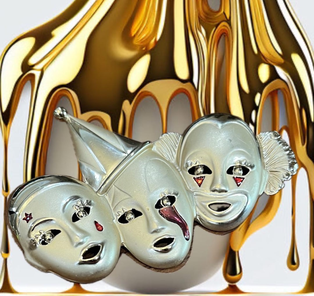 Glamorous Brushed Gold Pierrot and Clown Face Brooch Pin With Cute Red ...