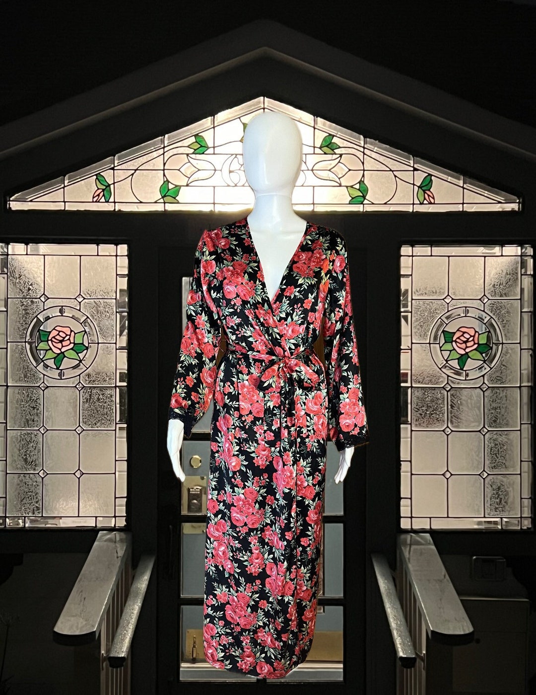 90s Romatic Silk Rose Robe With Lace Trim Can Be Worn as a Dress Too!no ...