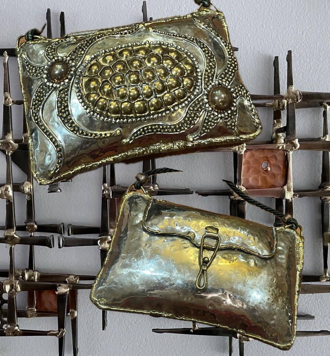 70s Brutalist Atrisan Pillow Purse With Mixed Metal Floral Design ...