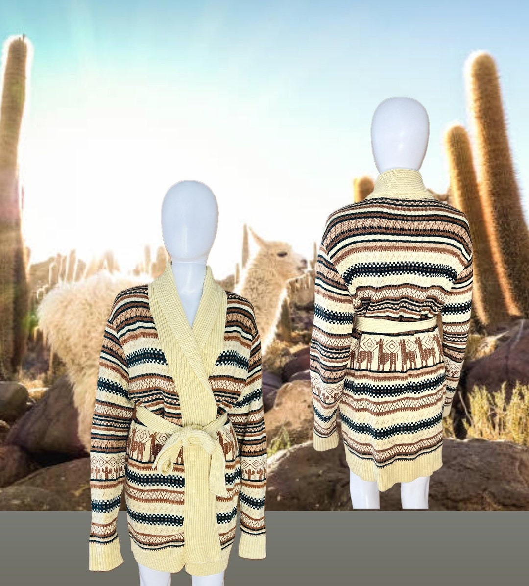 70s Aztec Novelty Lama and Cactus Wrap Sweater Nicely Crafted Label is ...