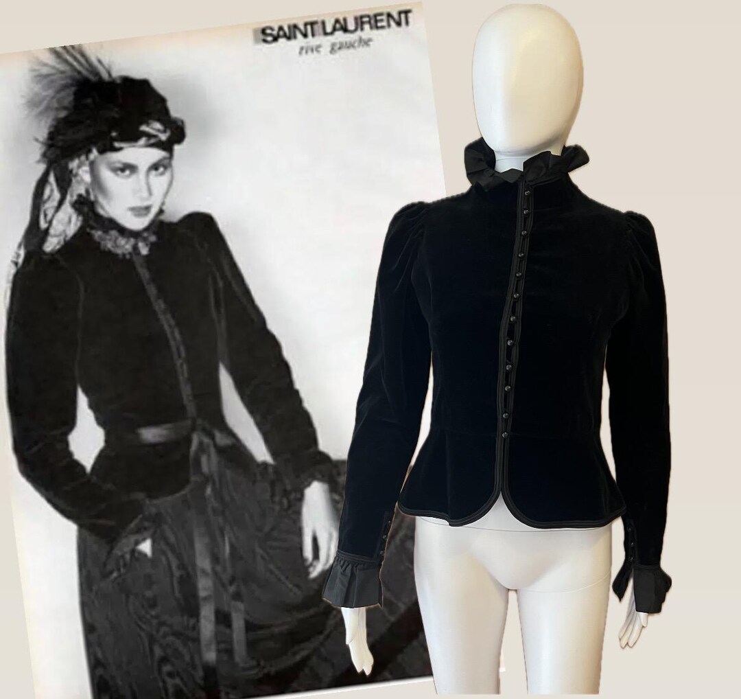 60s Iconic Style Victorian Revival Velvet High Neck Ruffled Jacket by ...