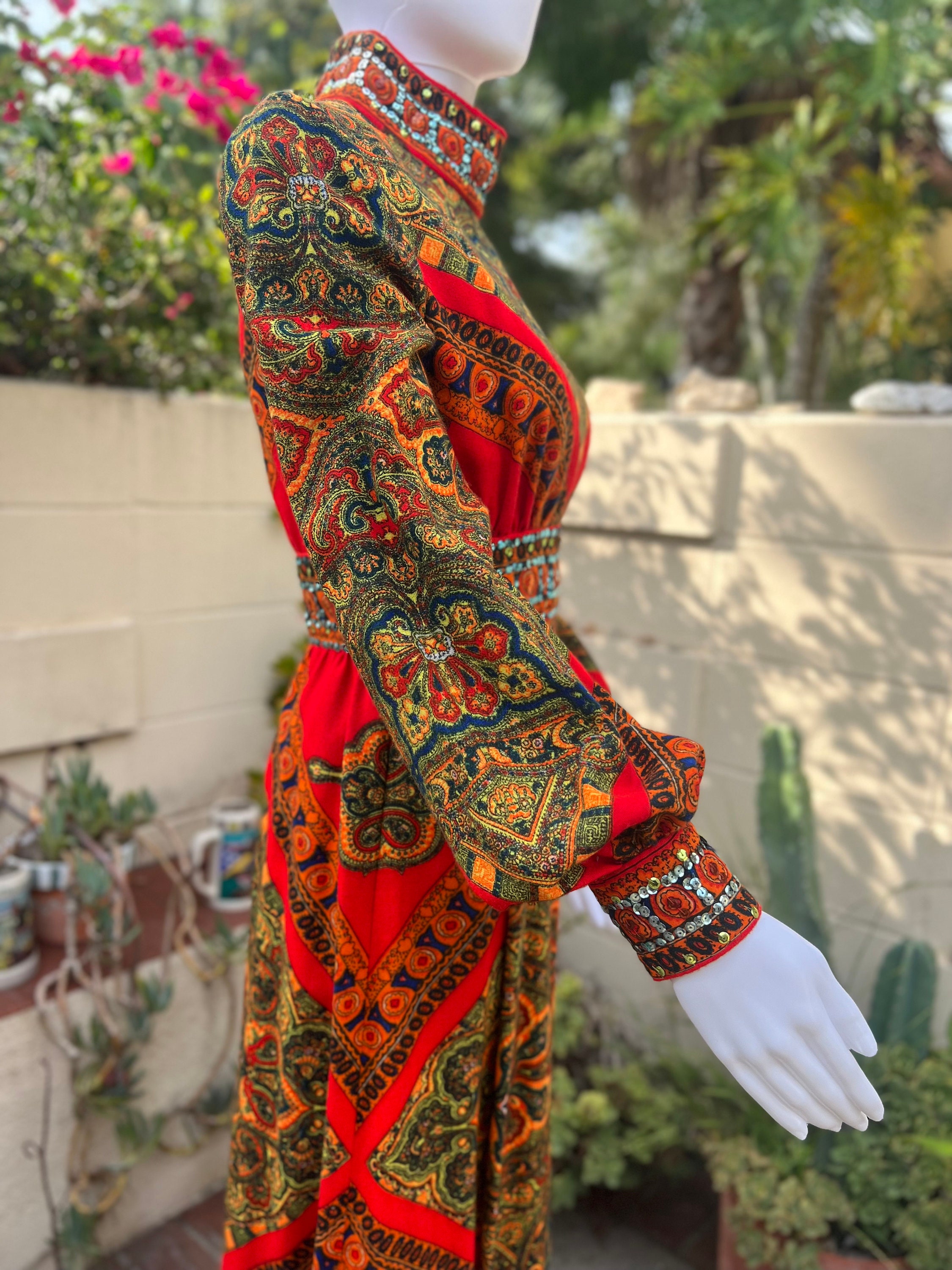 60s Psychedelic Egyptian Goddess Gown Sequins Union Made . Custom Made ...