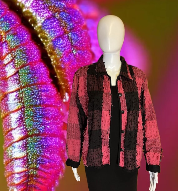 90s crazy string jacket in bright pink buffalo plaid … - Gem