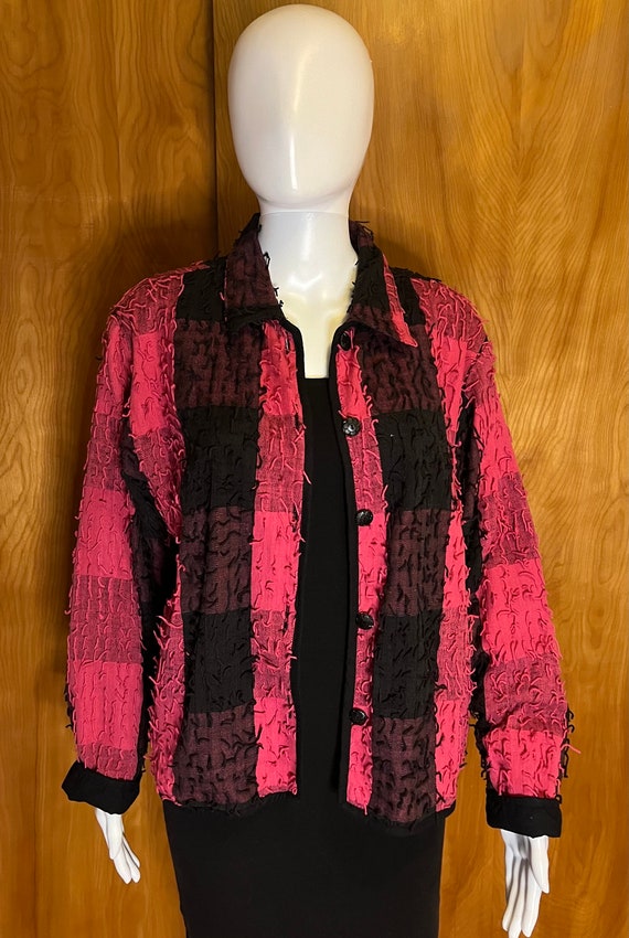 90s crazy string jacket in bright pink buffalo plaid … - Gem