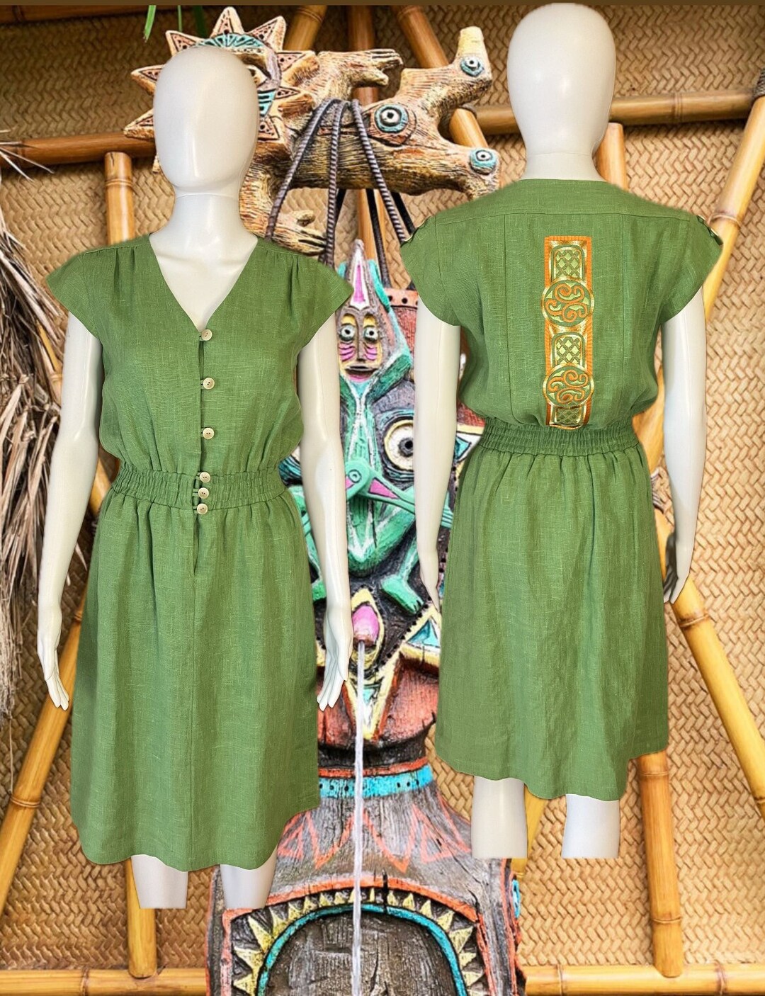 Super Fun Novelty Linen Tiki Dress by Harve Benard Beautiful Contrast Orange Embroidery With ...