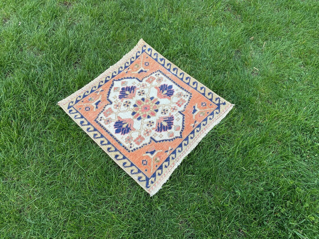 Small Square Rug Pink, 2x2 Turkish Rug Blue, Tiny Vintage Rug, Oriental ...