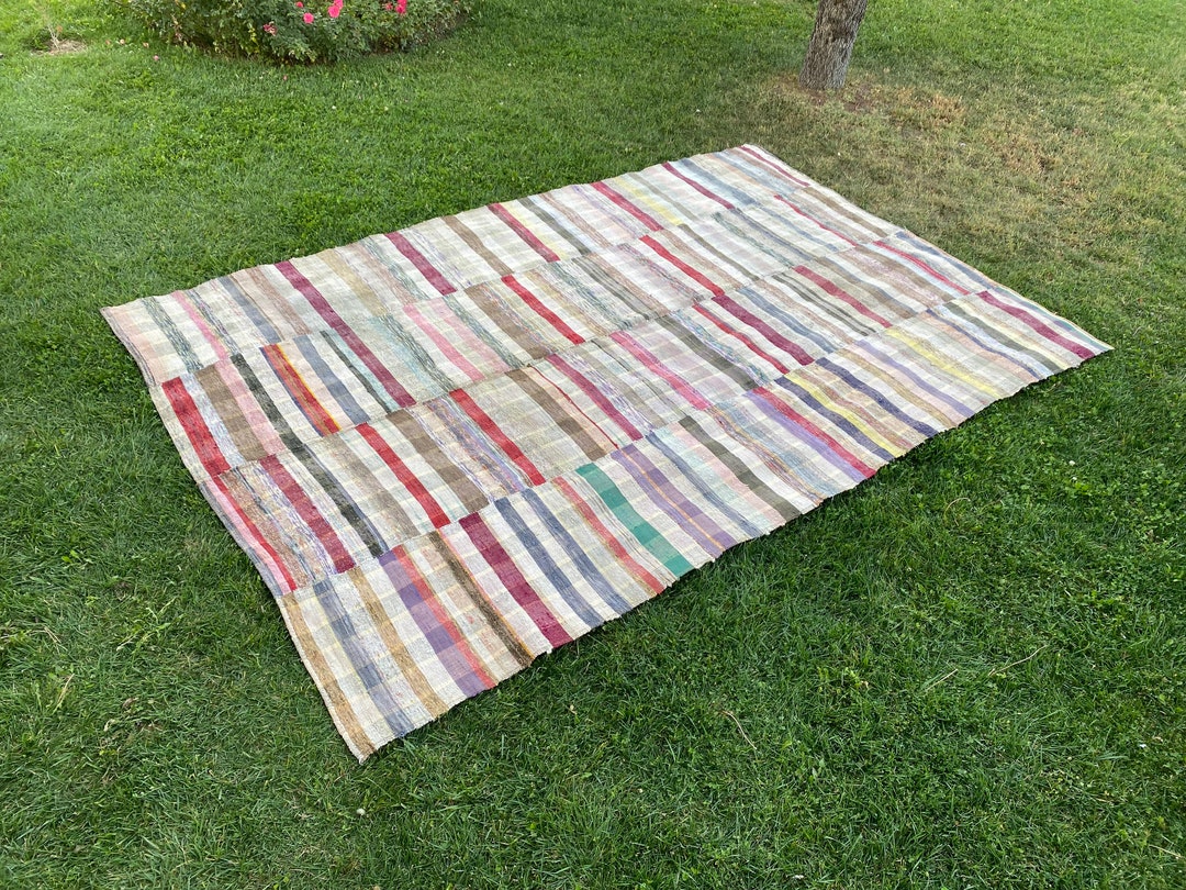 Large Rag Rug, Stripe Kilim Rug, Swedish Flatweave Rug, Woven Rag Rug ...