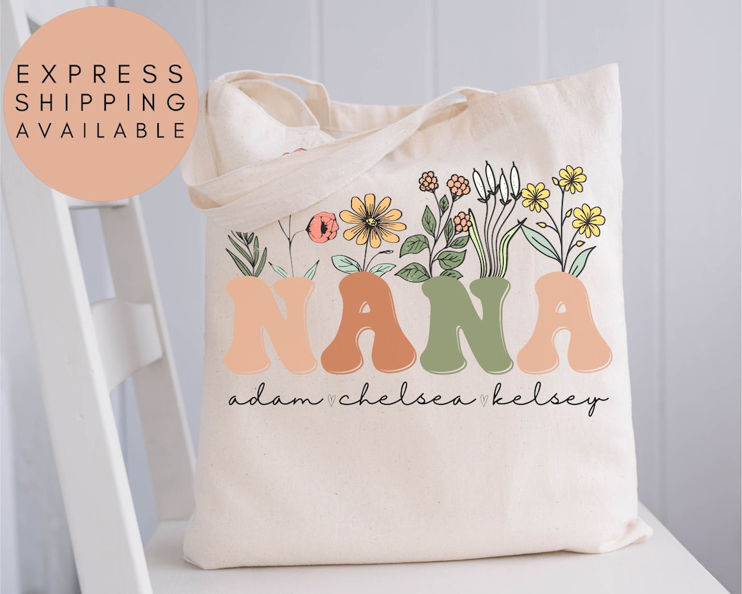 Nana Tote Bag With Grandkids Names, Personalized Nana Wildflowers Tote ...