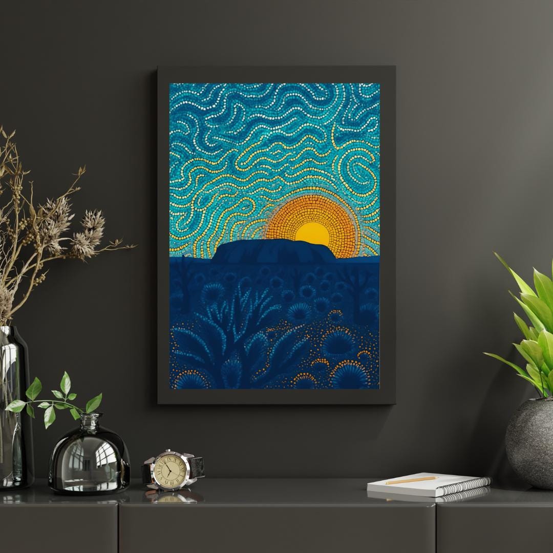 Blue Gold Aboriginal Uluru Fine Art Print 16x24 Print | Indigenous Dot ...