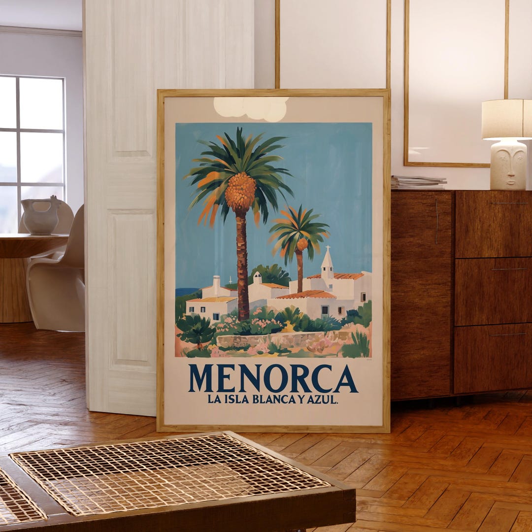 Menorca Travel Poster La Isla Blanca Y Azul | Vintage Style Art Print ...
