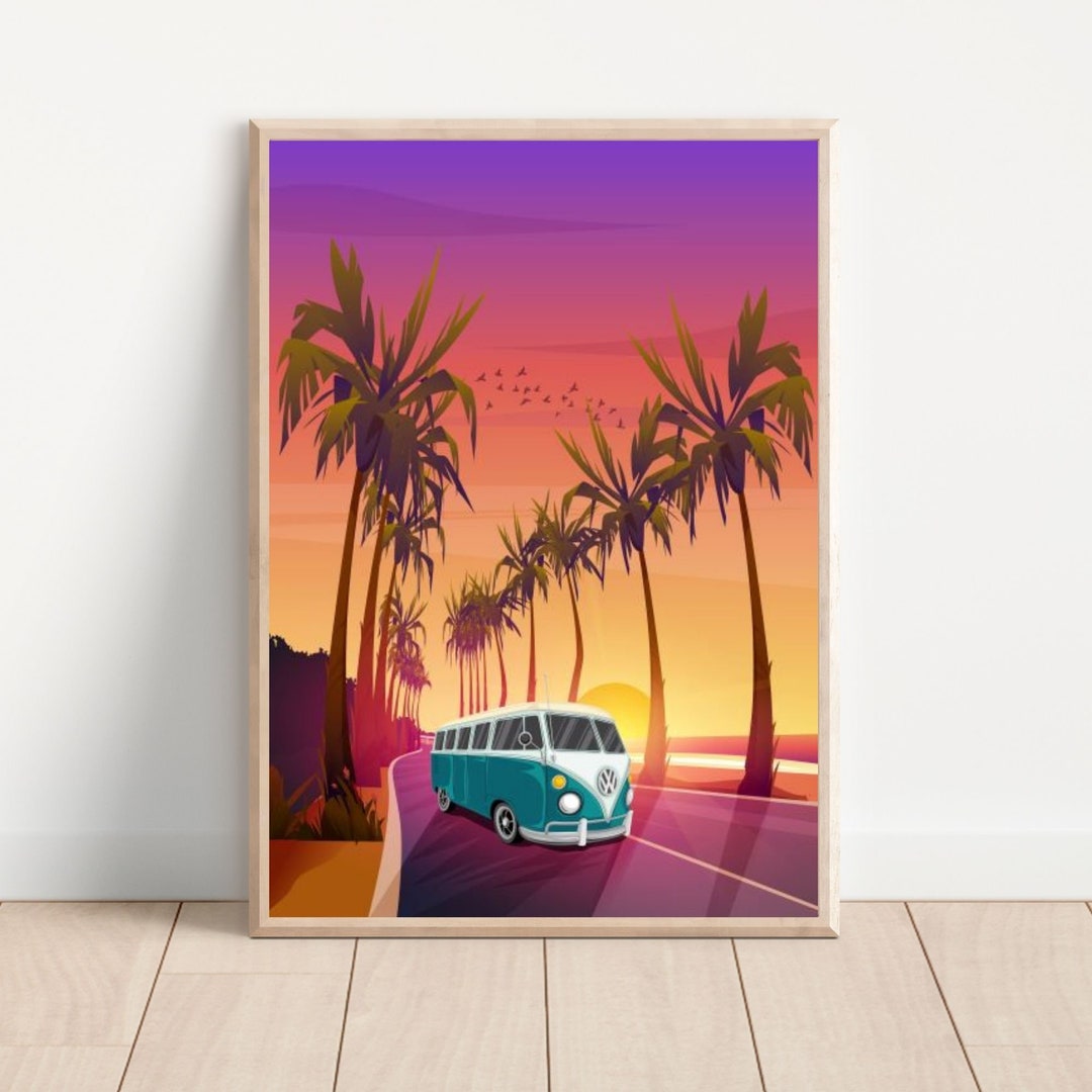 Retro Campervan Print Surf Poster Volkswagen Bus Van Life Art Surfer ...
