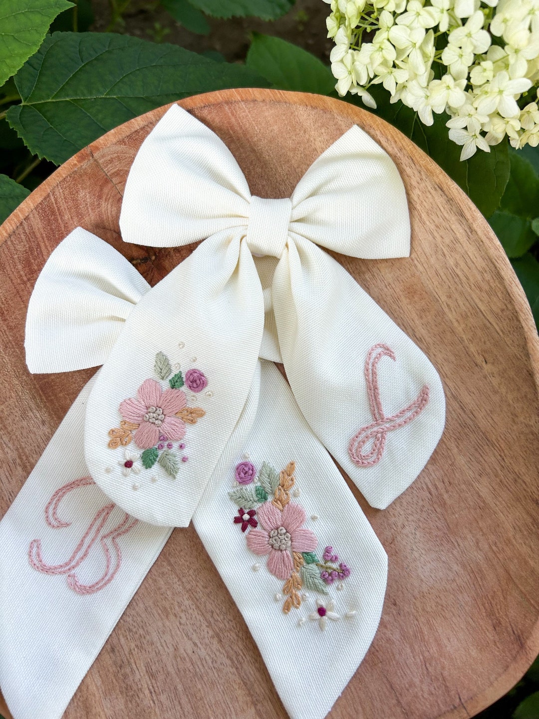 Personalized Initial Bow, Custom Name Bow, Hand Embroidered Floral Bow ...