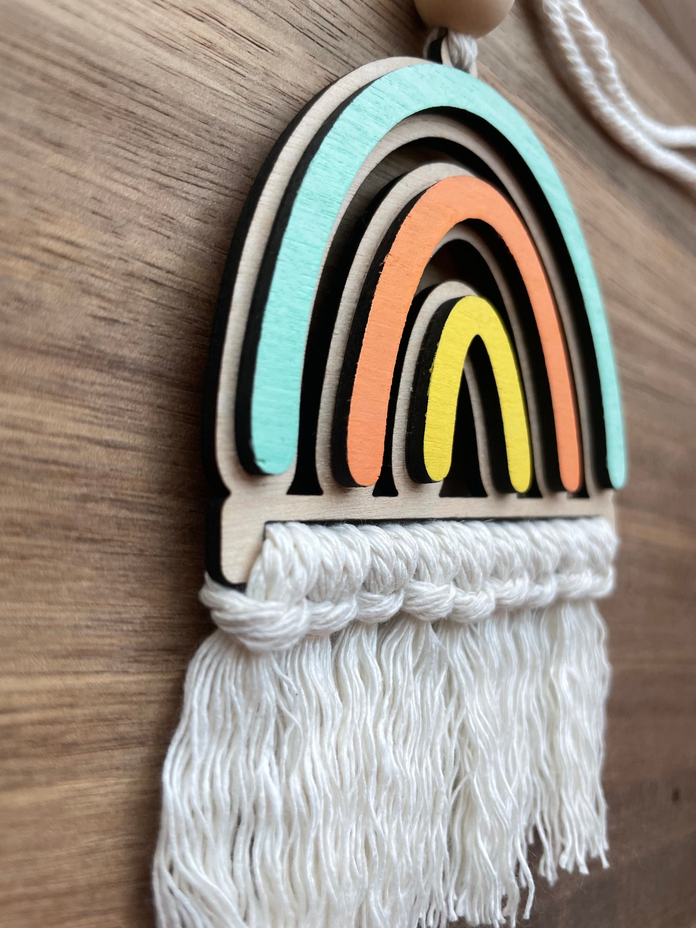 Handmade Macrame Wood Rainbow Car Charm, Rear View Mirror, Rainbow ...