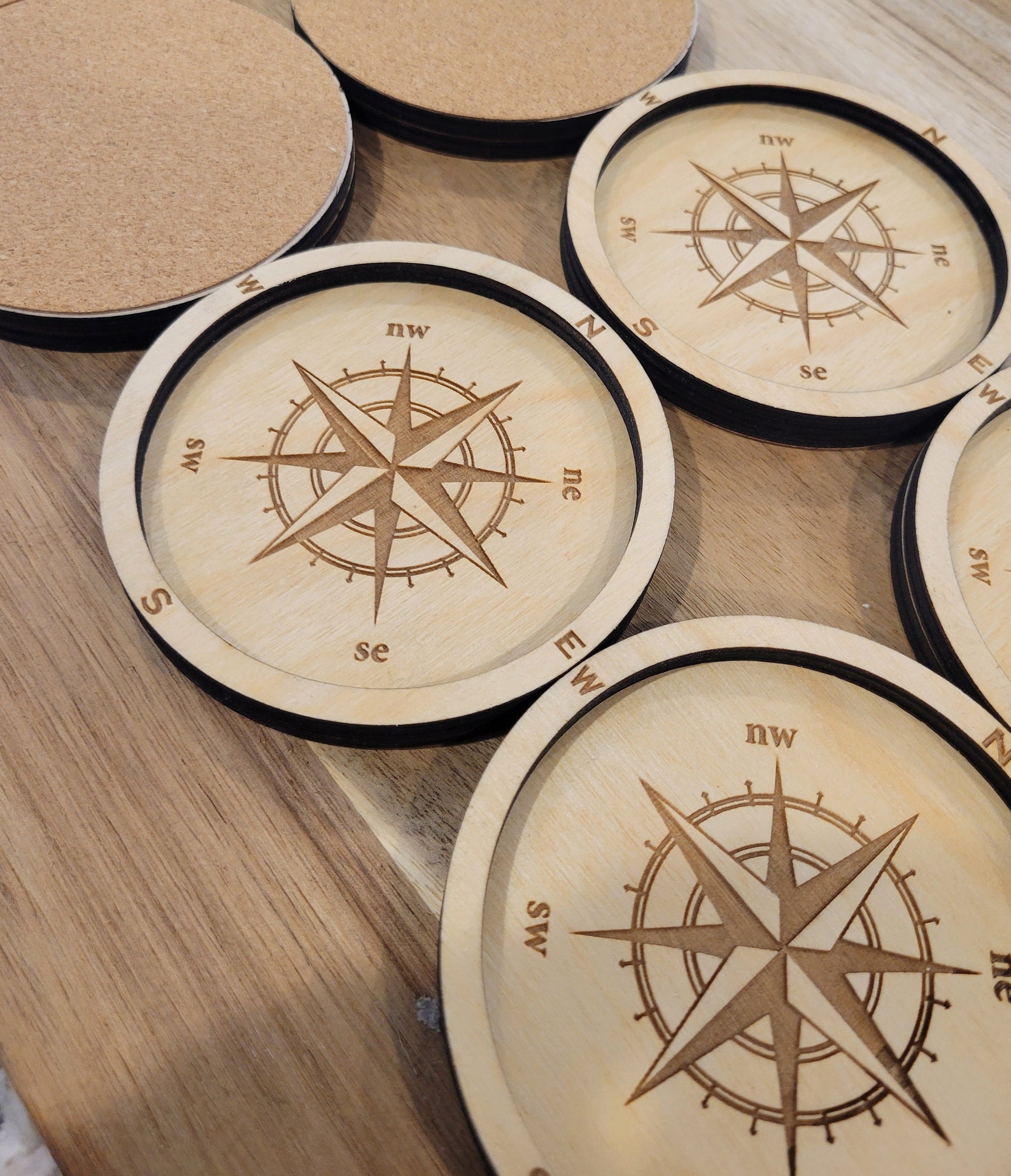 Nautical Compass Coasters - Laser-engraved Baltic Birch Drink Coaster ...