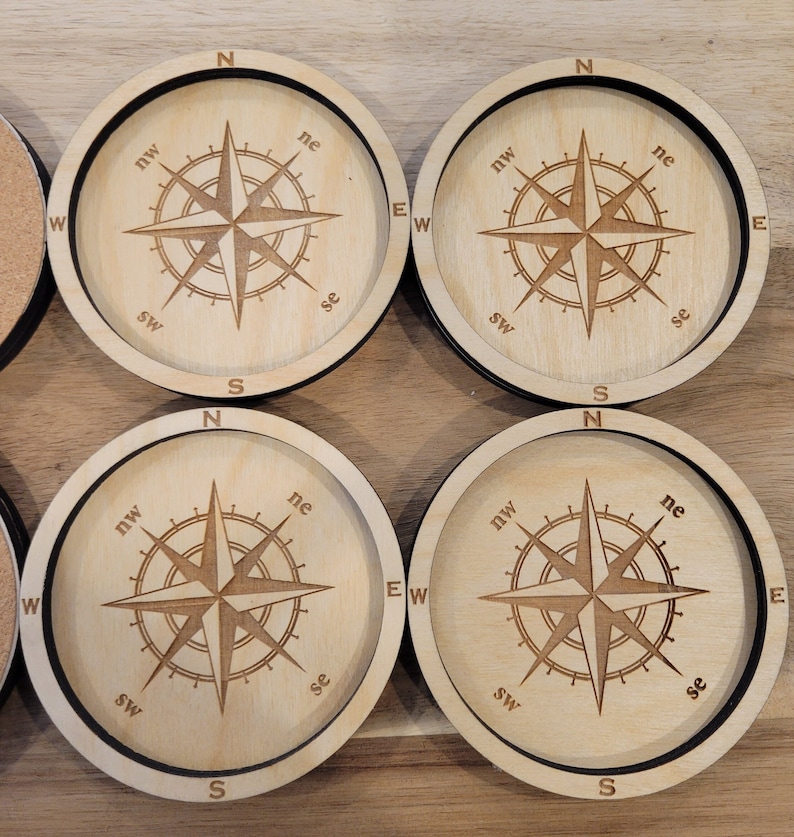 Nautical Compass Coasters - Laser-engraved Baltic Birch Drink Coaster ...