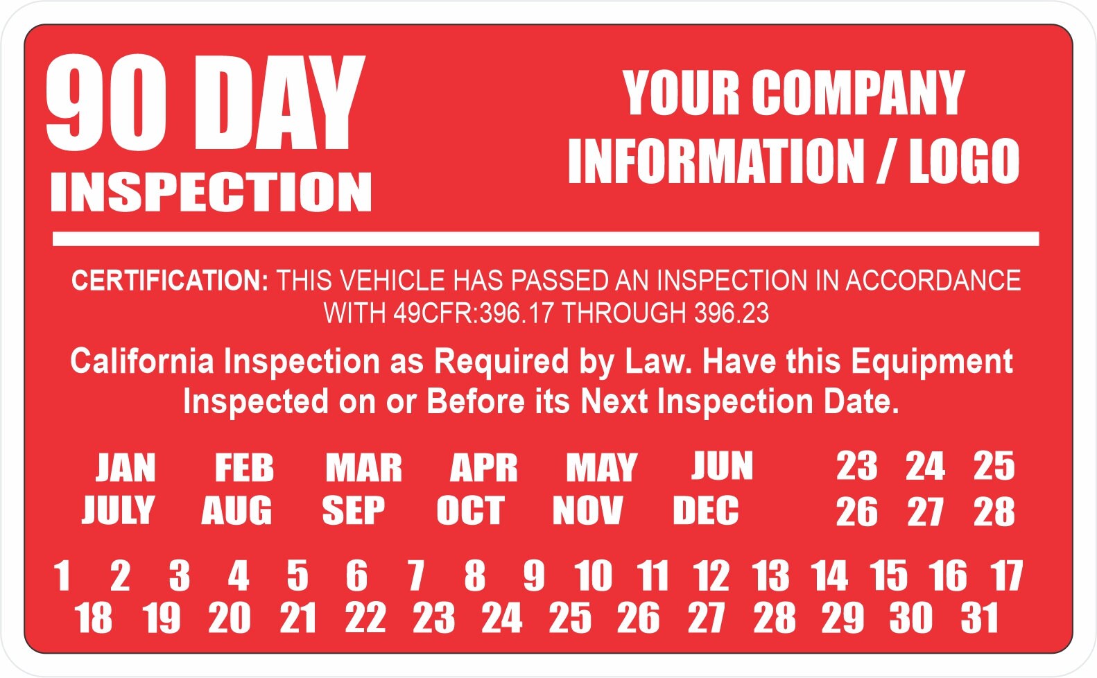 90 Day Inspection Labels for BIT / DOT Inspection, Truck Inspection ...