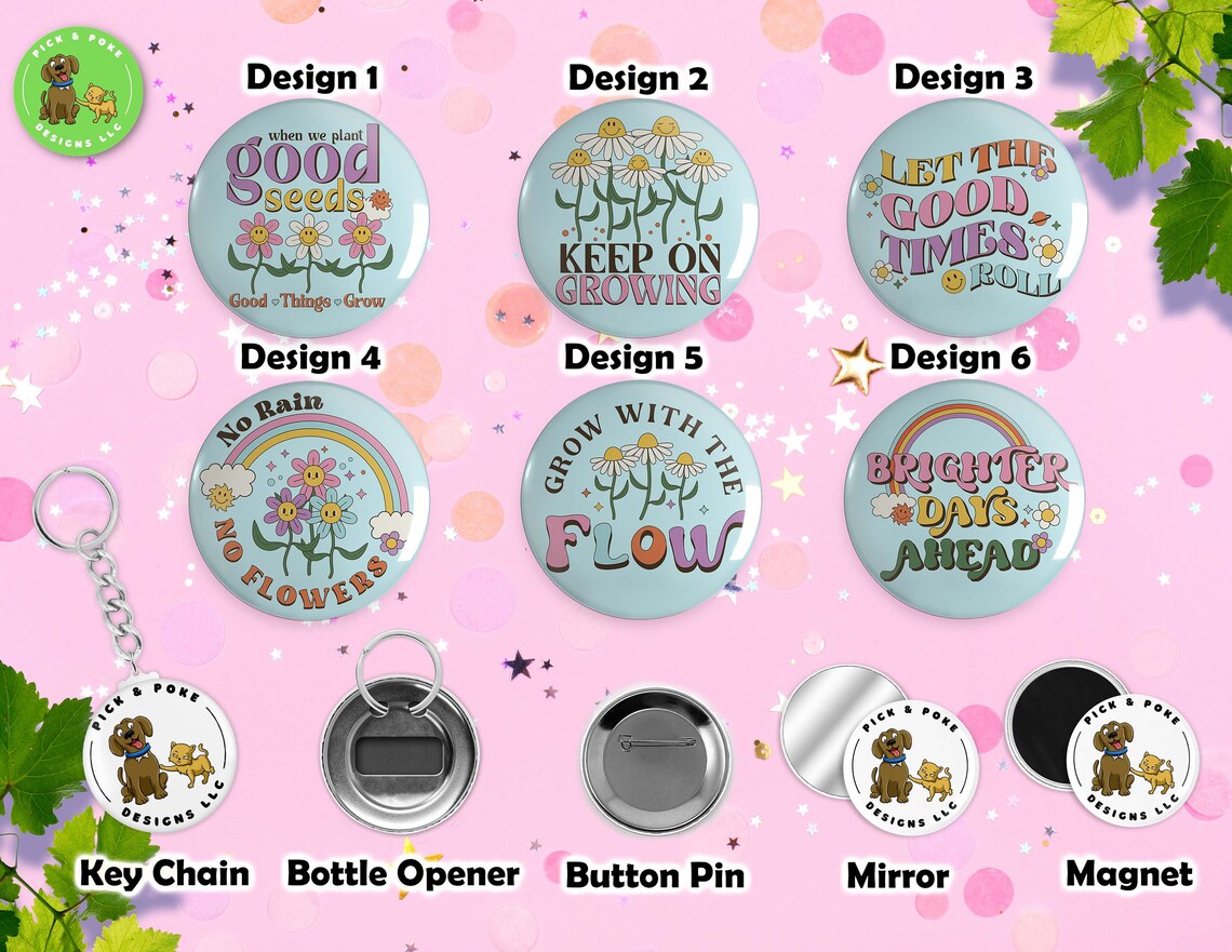 Retro Positive Thoughts Button Pin Set | Pinback Button, Keychain ...