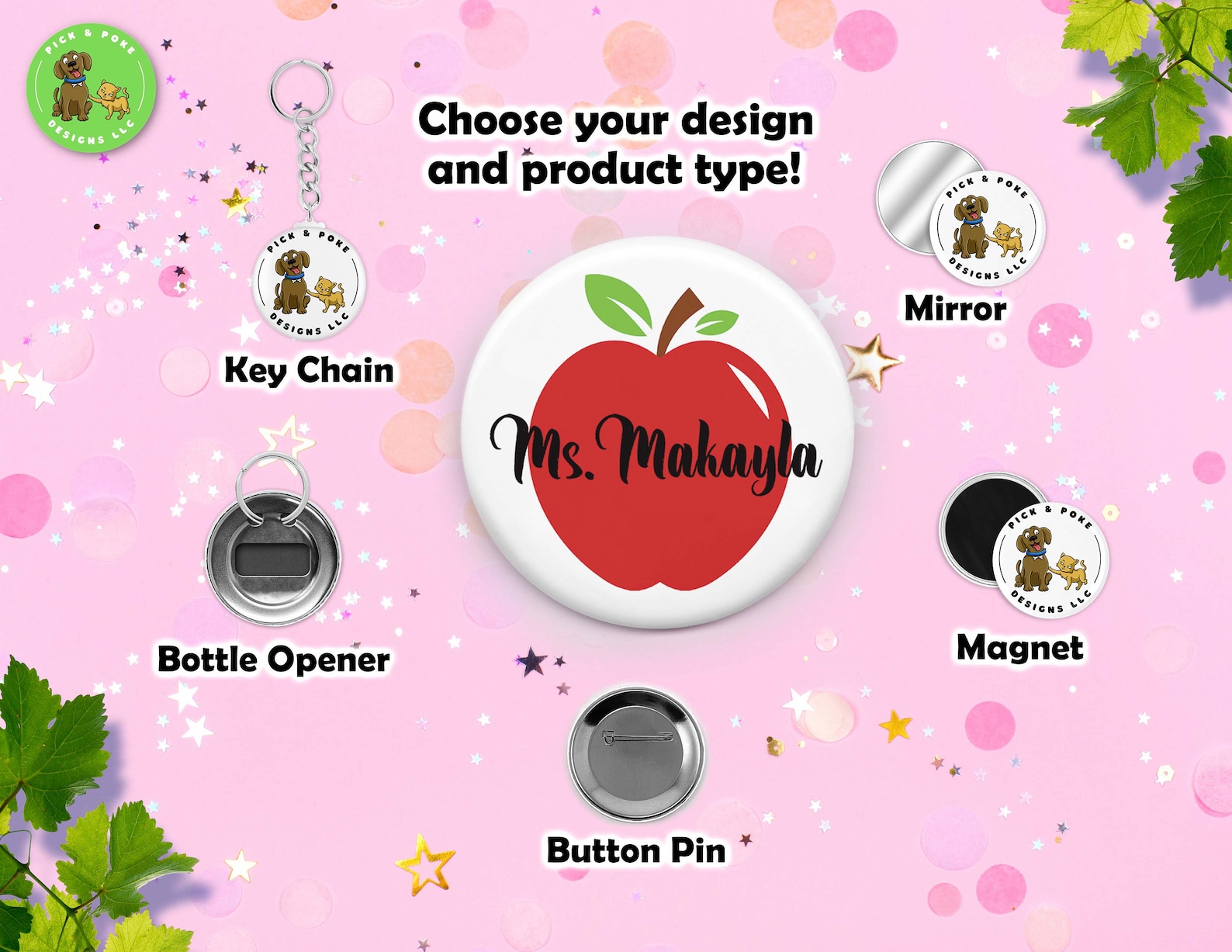 Personalized Teacher Name | Button Pin, Keychain, Magnet, Bottle Opener ...