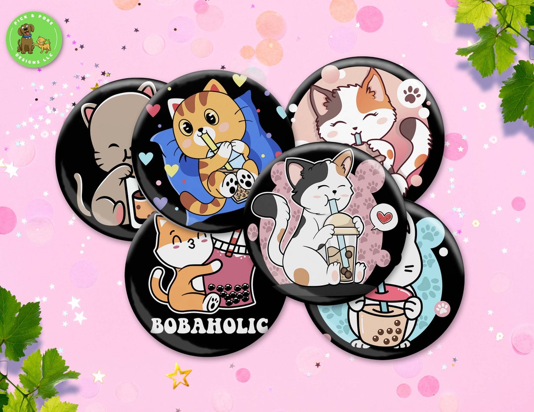 Cute Cats Drinking Boba Tea | Pinback Button, Keychain, Magnet, Bottle ...