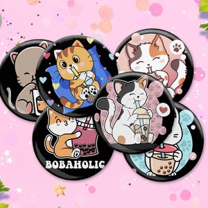 Cute Cats Drinking Boba Tea | Pinback Button, Keychain, Magnet, Bottle ...