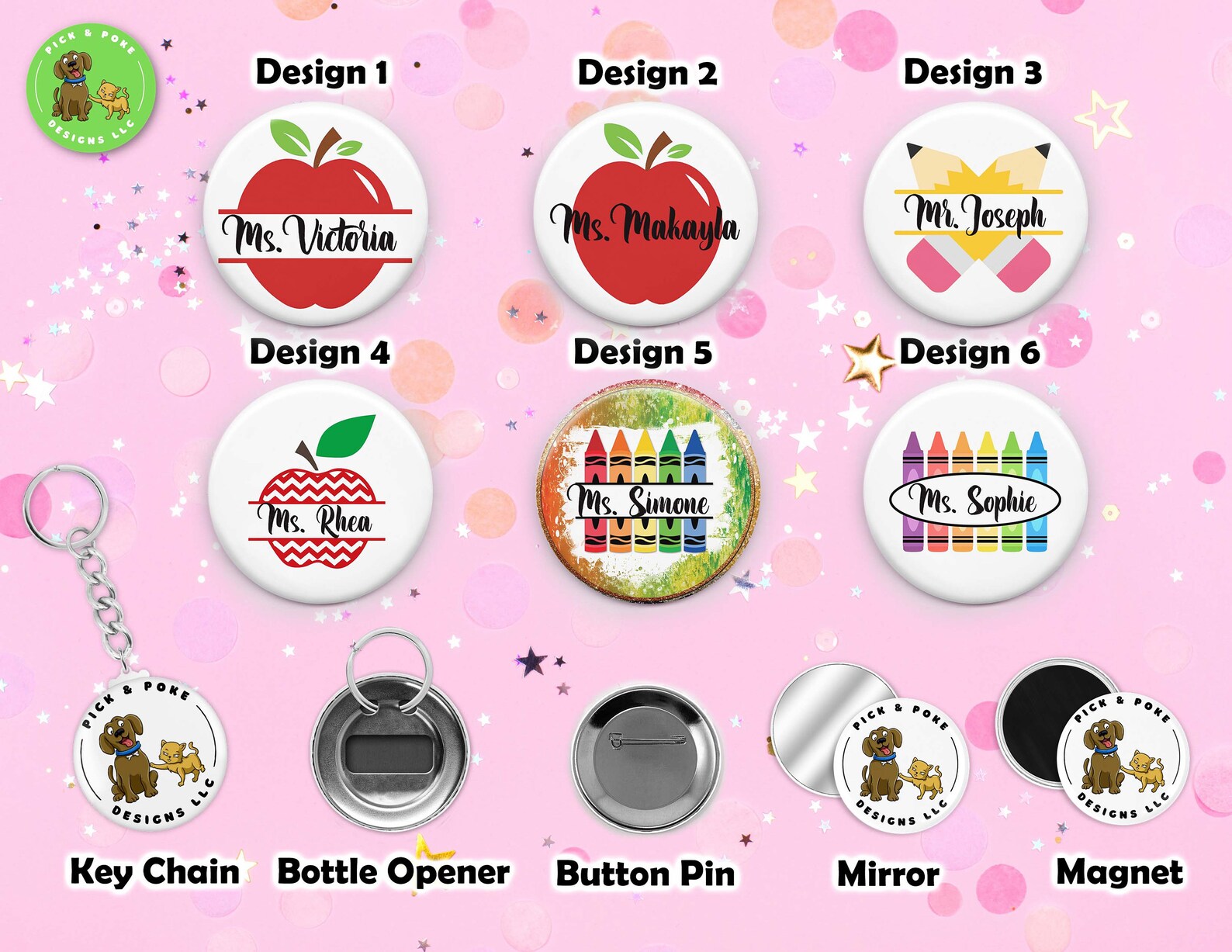 Personalized Teacher Name | Button Pin, Keychain, Magnet, Bottle Opener ...