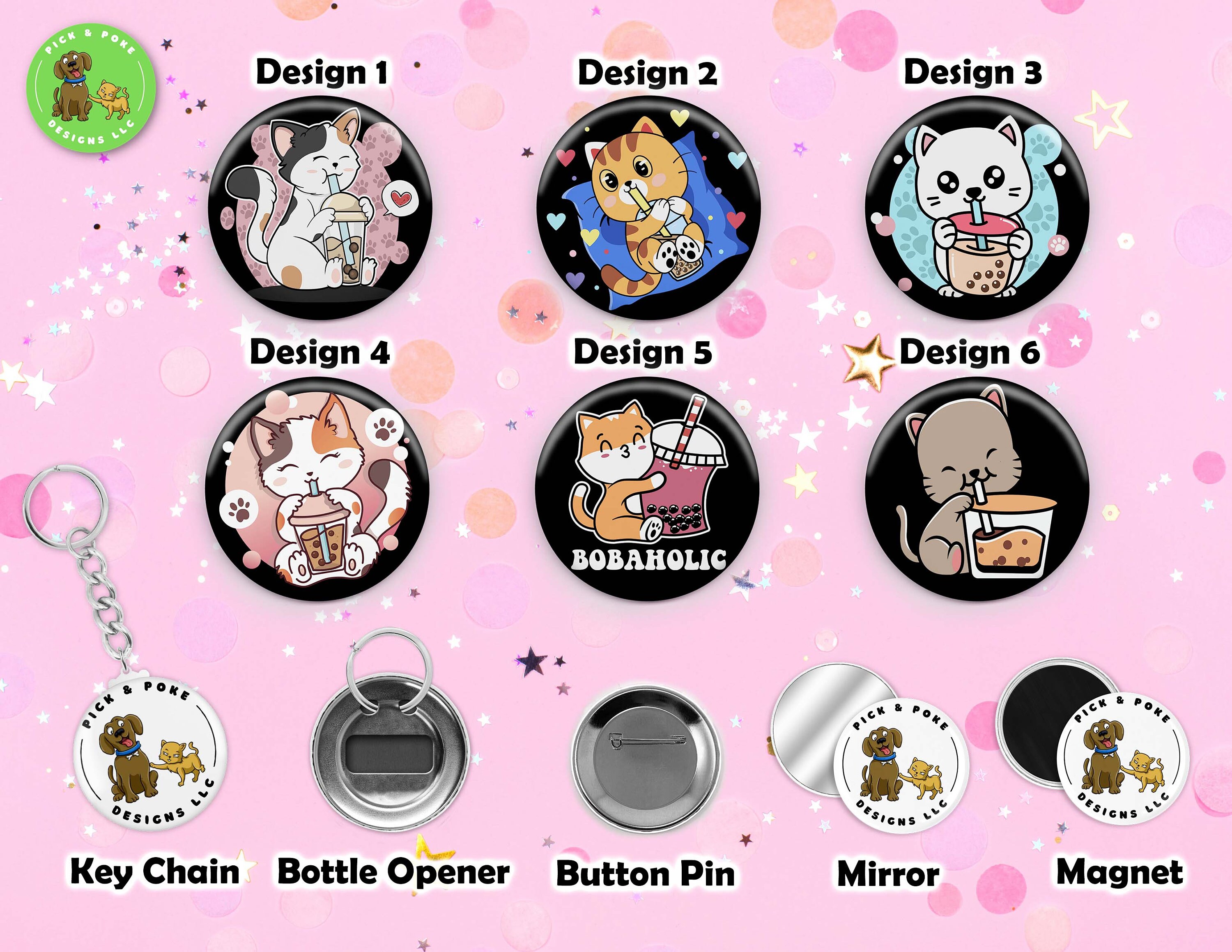 Cute Cats Drinking Boba Tea | Pinback Button, Keychain, Magnet, Bottle ...