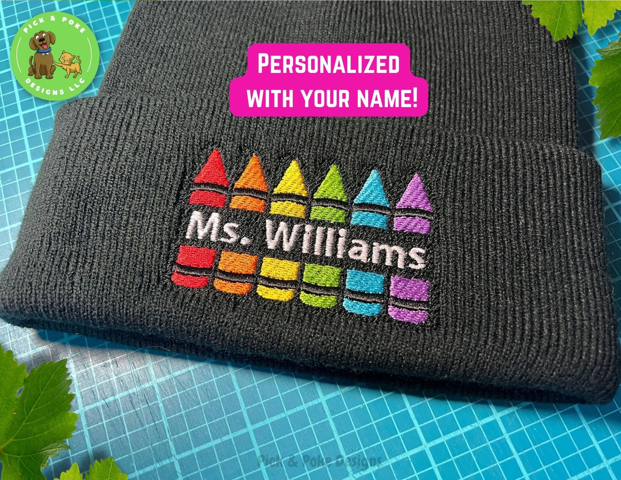 Personalized Rainbow Crayon Teacher Beanie Cap Black Knit - Etsy