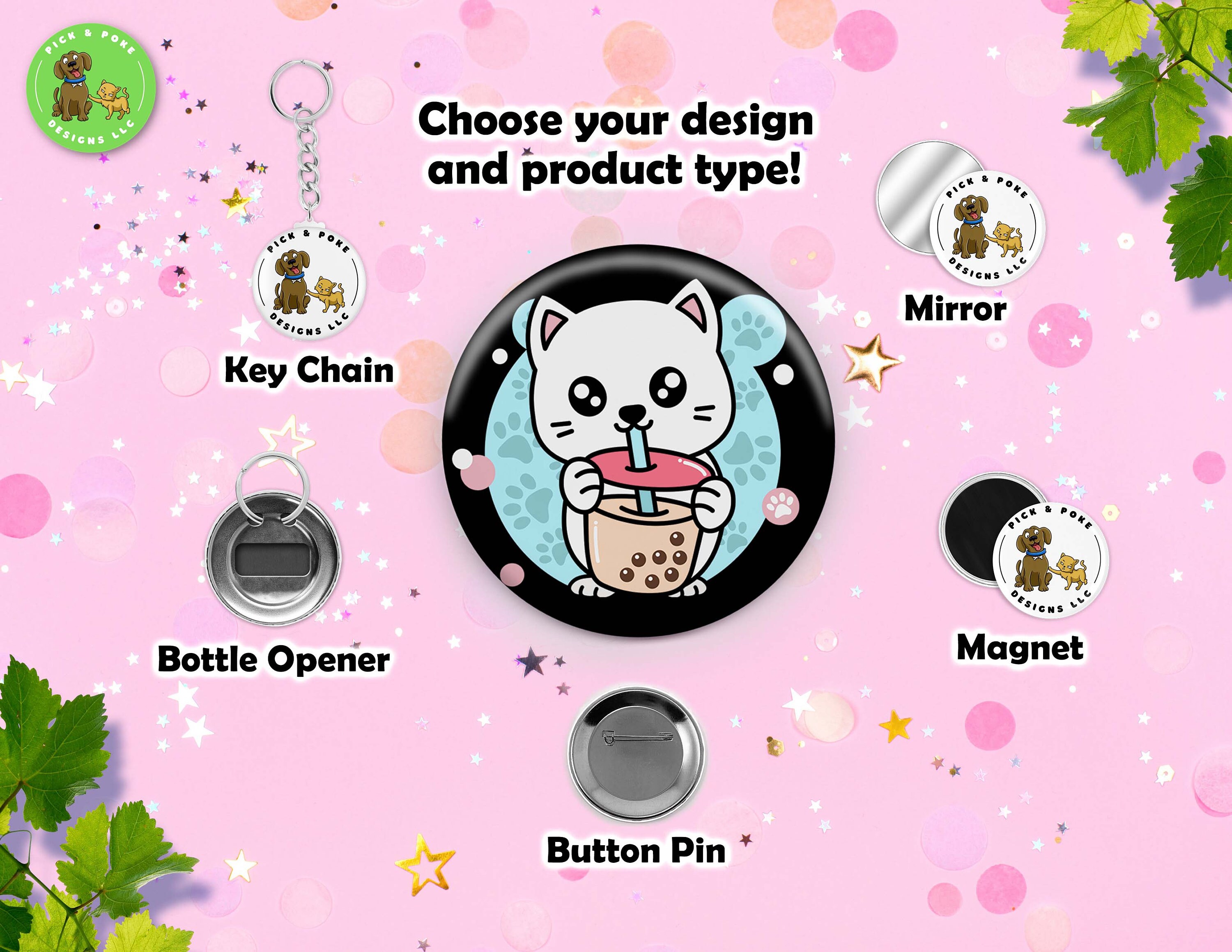 Cute Cats Drinking Boba Tea Pinback Button, Keychain, Magnet, Bottle ...
