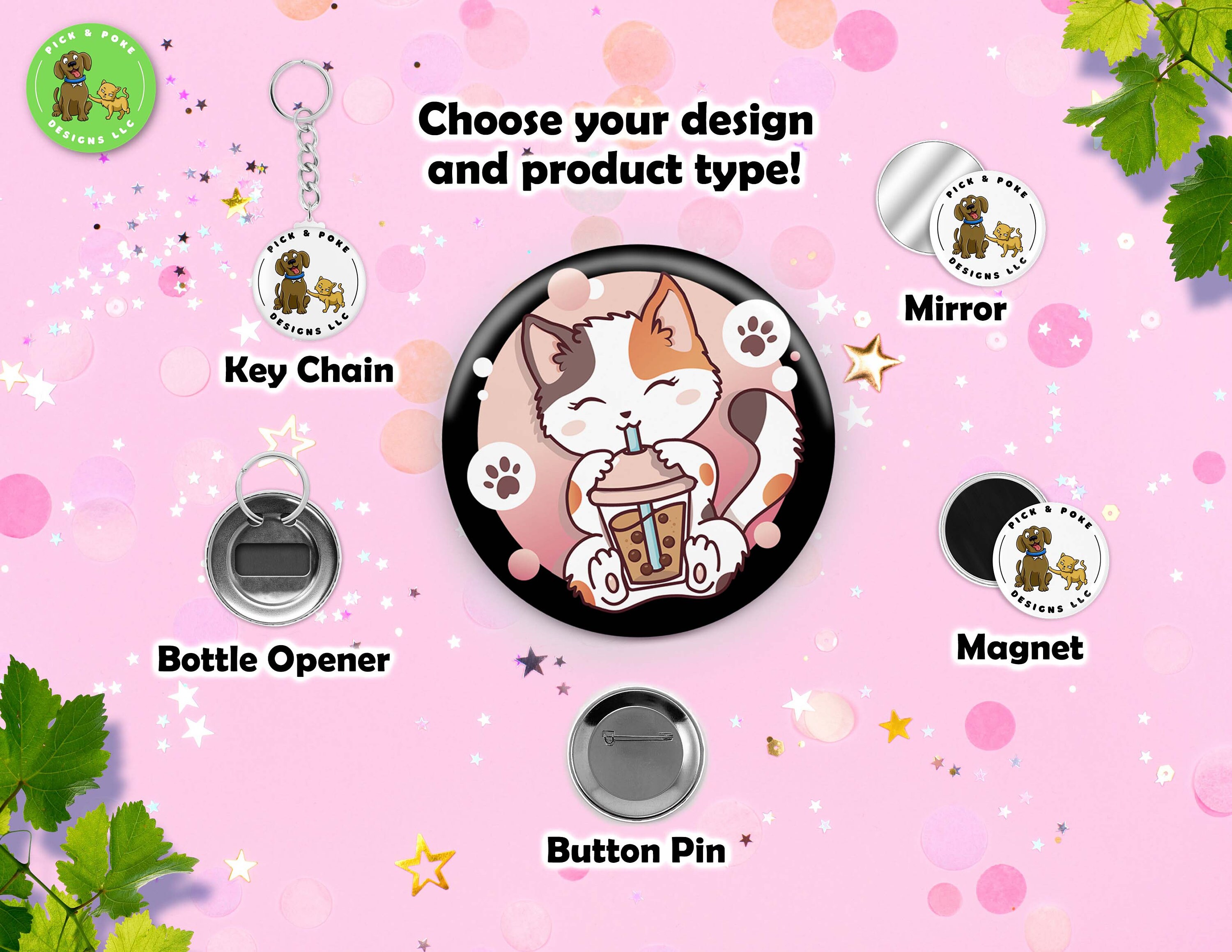 Cute Cats Drinking Boba Tea Pinback Button, Keychain, Magnet, Bottle ...