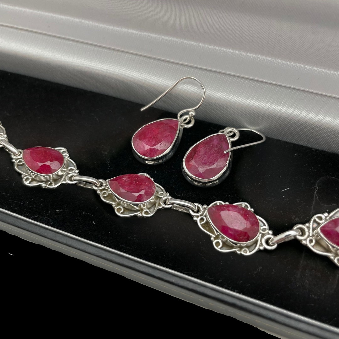 Ruby Jewelry Set Sterling Silver | 8" Ruby Bracelet & Teardrop Earrings ...