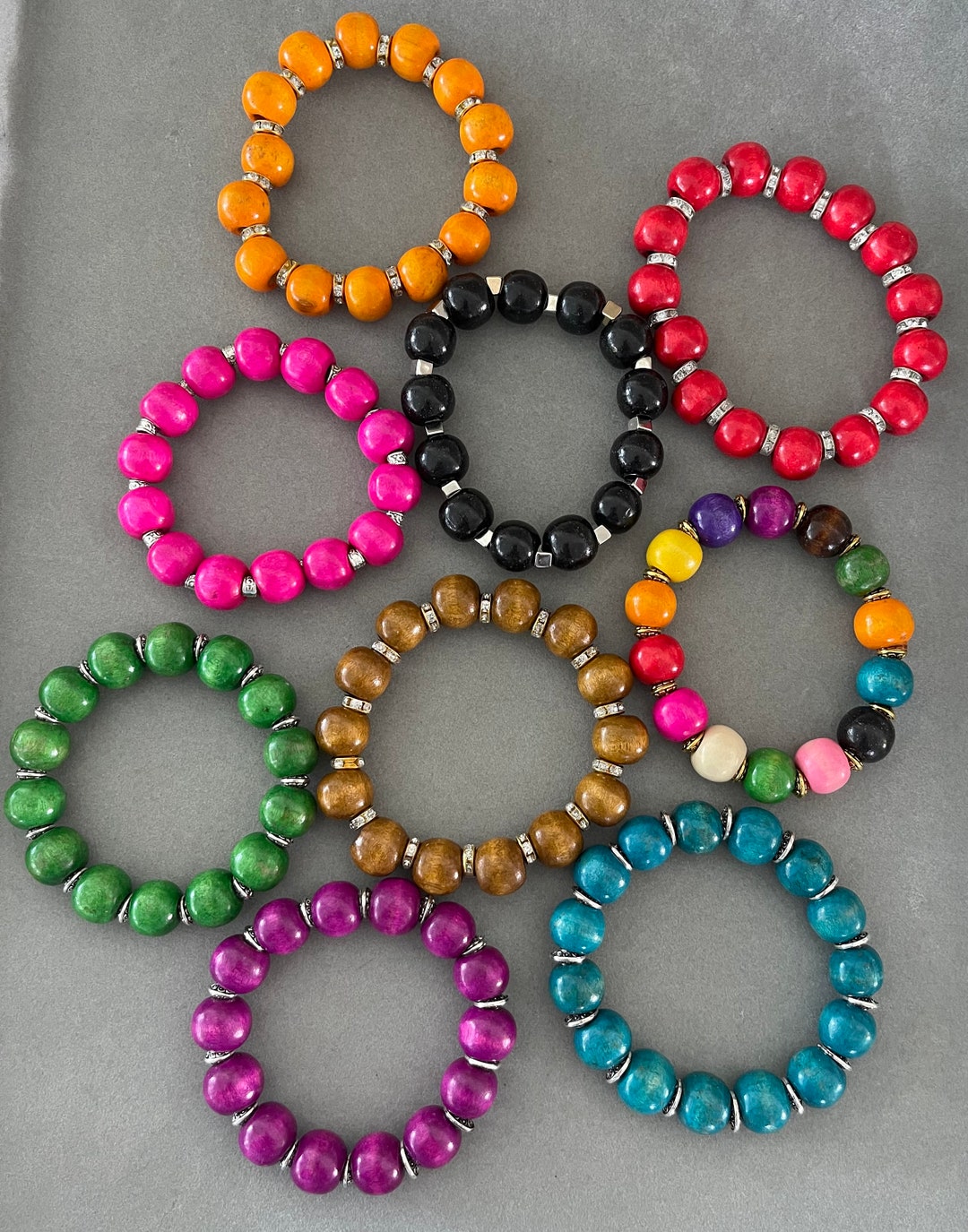 Colorful Wood Bead Bracelets 12mm Wood Beads With Fancy Spacers ...
