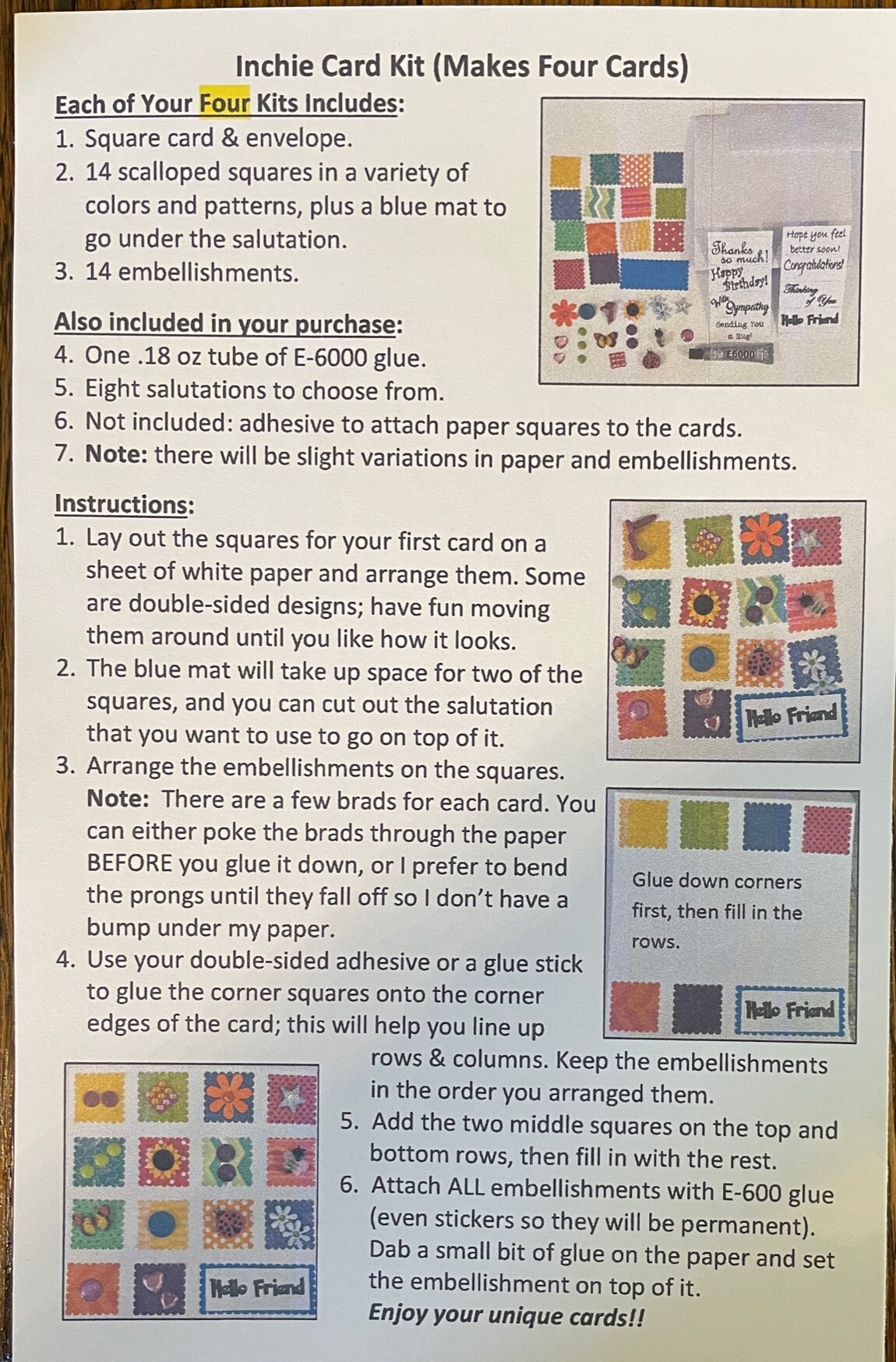 DIY Handmade Inchie Card Kit Either Embellishments, Set of 4 - Etsy