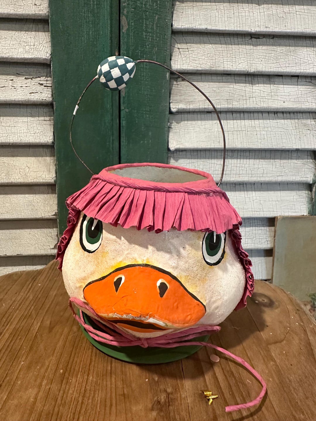Dept 56 Paper Mache Duck Head Basket Candy Pail Easter Wire Handle Pink ...