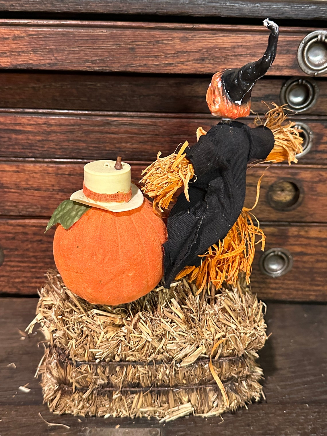 Vintage Halloween Decor Tabletop Witch JOL Pumpkin Hay Bale Unique Rare ...