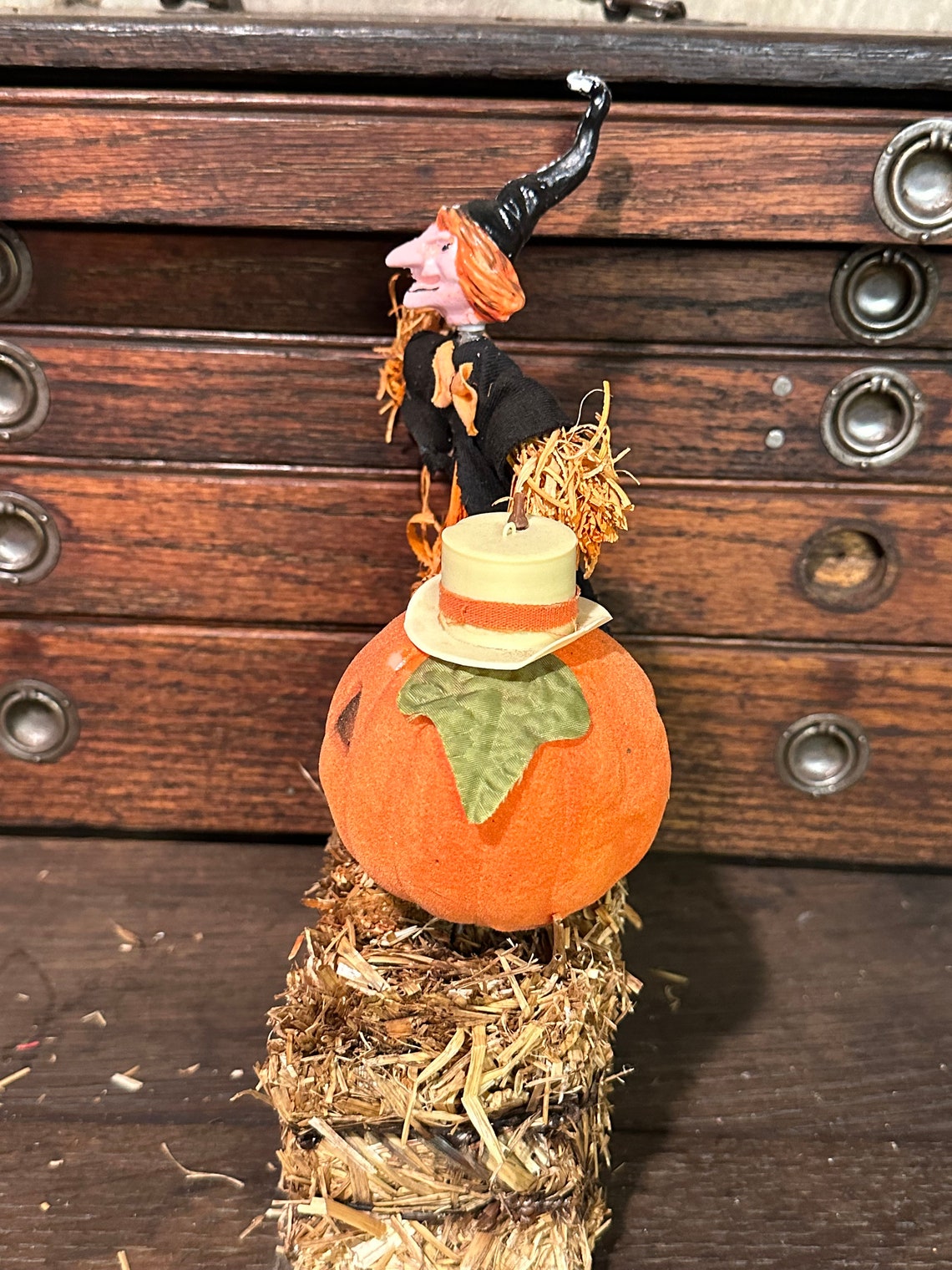 Vintage Halloween Decor Tabletop Witch JOL Pumpkin Hay Bale Unique Rare ...