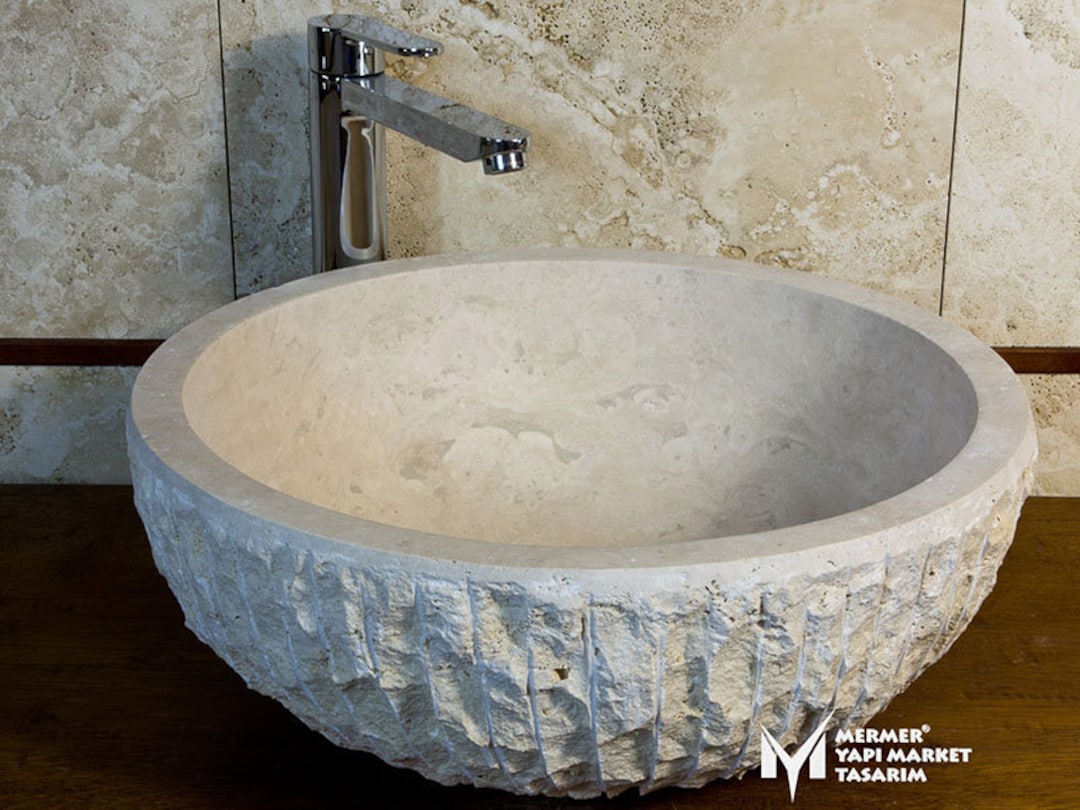 Travertine Vertical Split Face Outside Round Sink Handcrafted, %100 ...