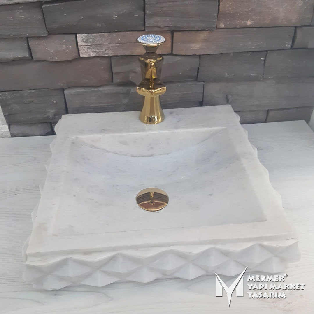 White Marble Pyramid Design Square Sink With Faucet Outlet - Etsy