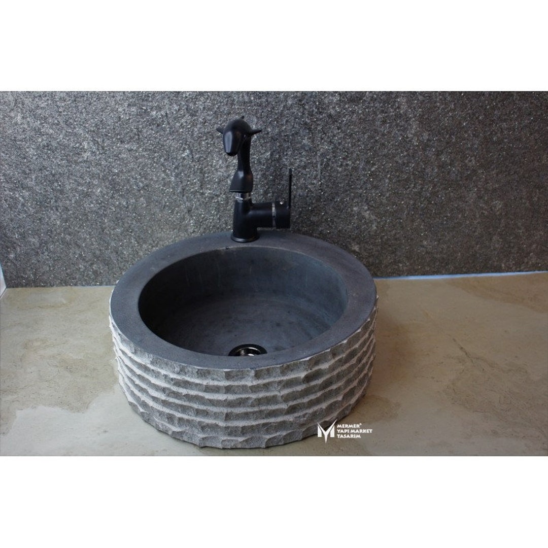 Basalt Black Scratch Split Face Outside Roll Washbasin Handcrafted ...