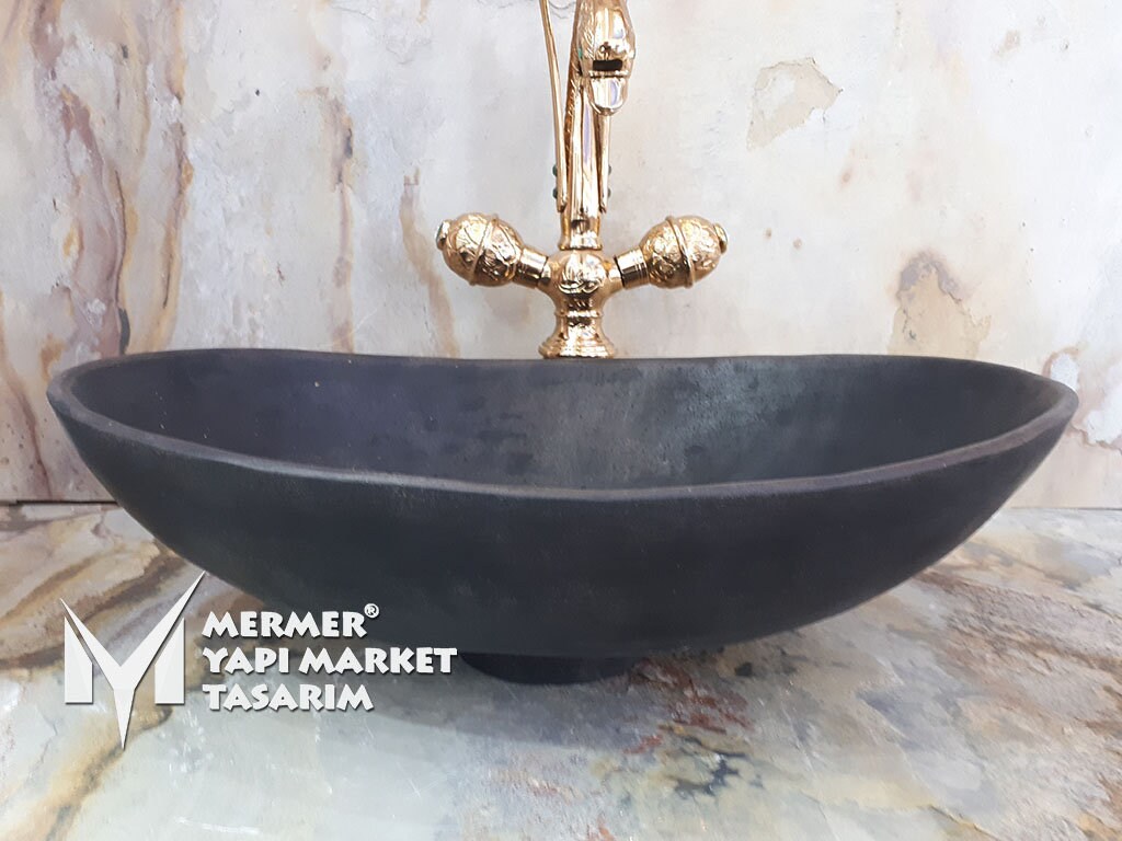 Basalt Black Deep Boat Sink Handcrafted, 100% Natural Stone, Washbasin ...