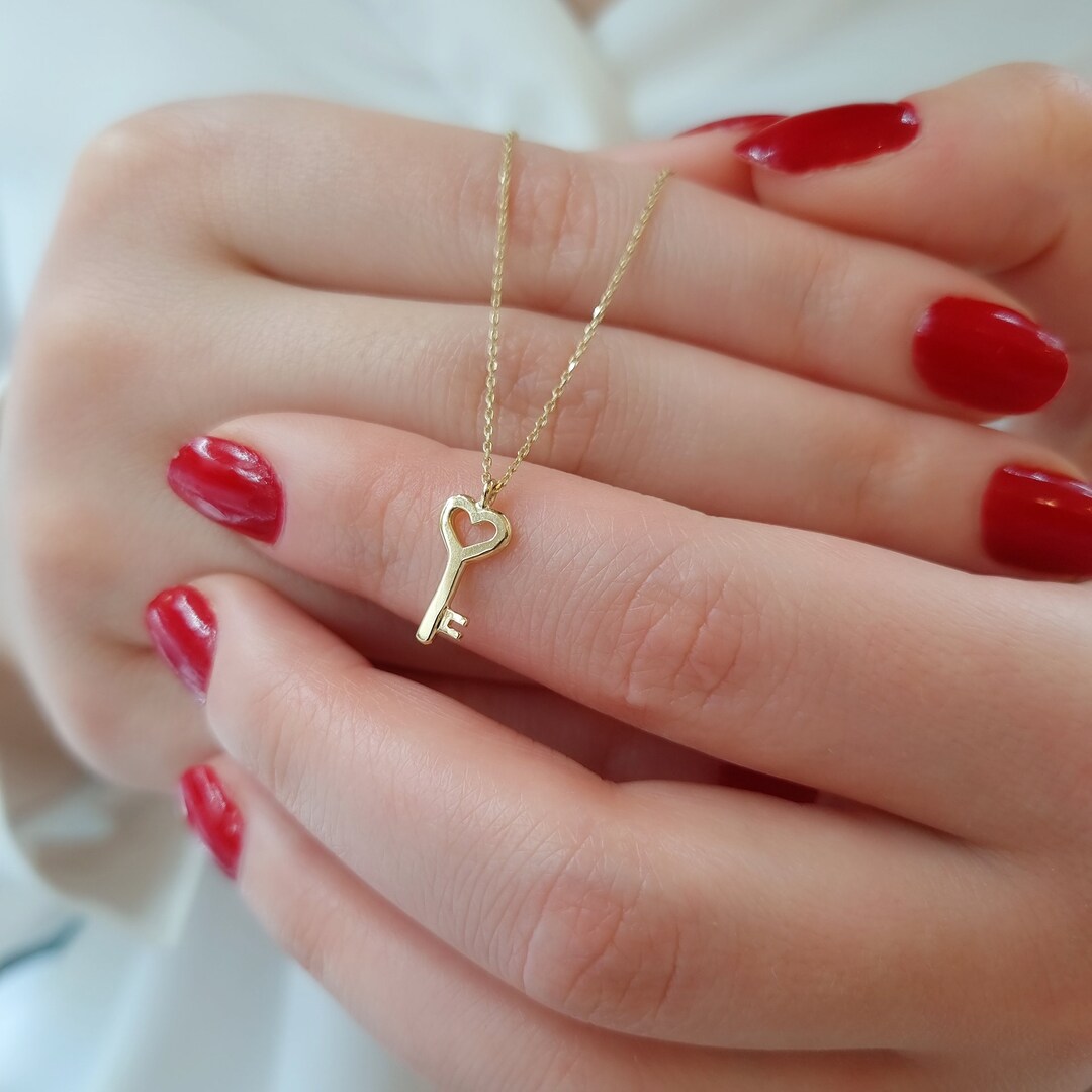 14K Solid Gold Minimalist Key Necklace, Heart and Key Necklace, Key ...