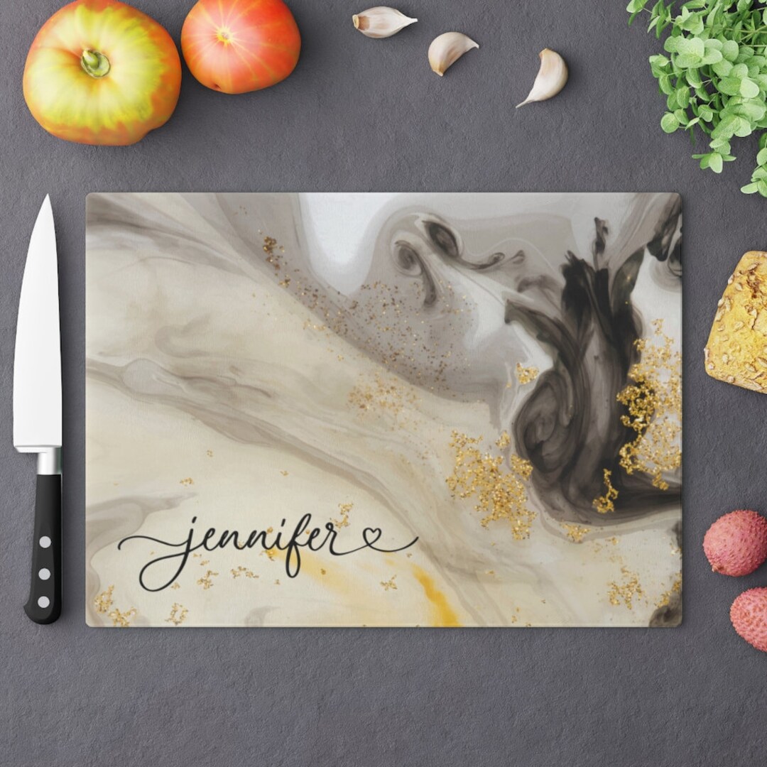 Custom Glass Cutting Board Personalized Black White Cream Gold - Etsy