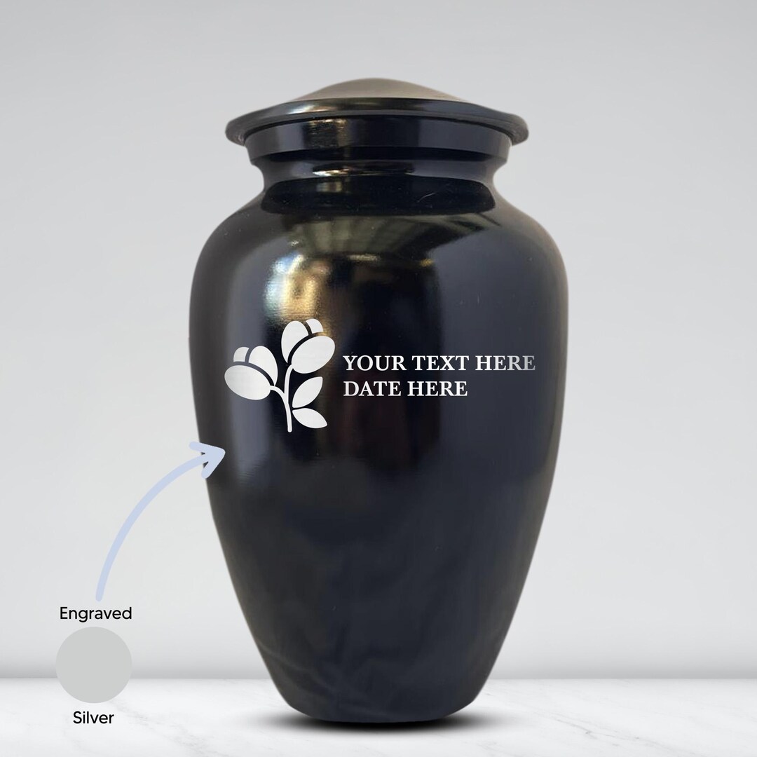 Custom Floral Design Polished Finish Black Extra Large Cremation Urn ...