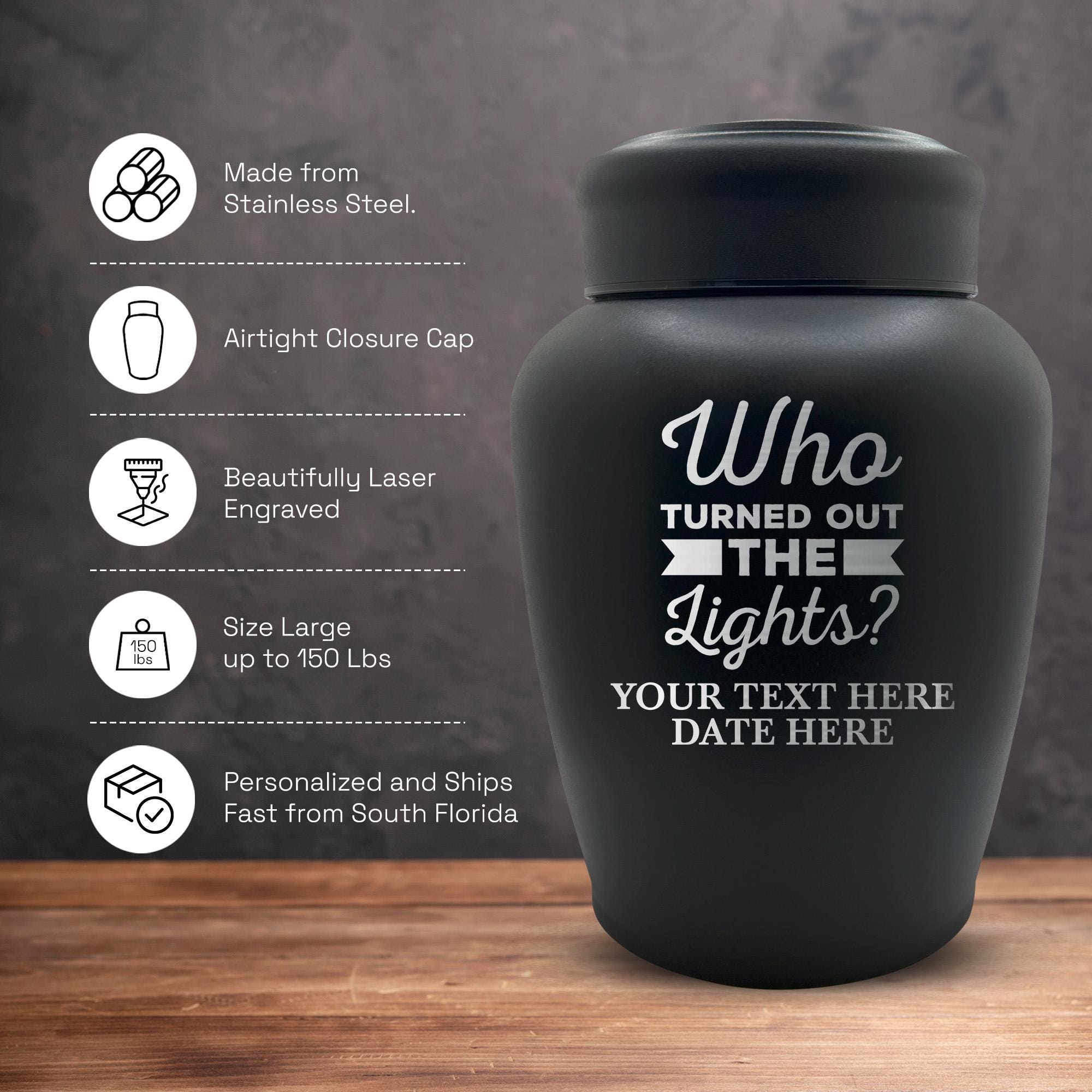 Funny Quote Cremation Urn, Silver Engraved Black Stainless Steel ...