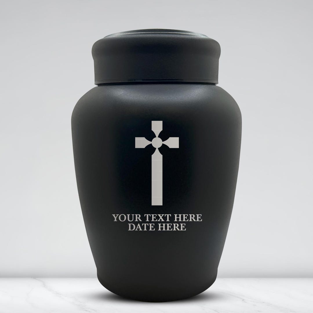 Cross Design Powder Coated Black Cremation Urn, Laser Engraved ...